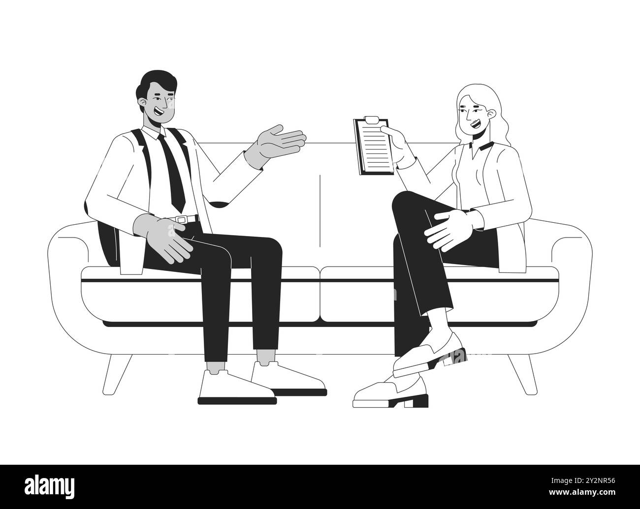 Female interviewer conducting interview job candidate black and white 2D line characters Stock ...