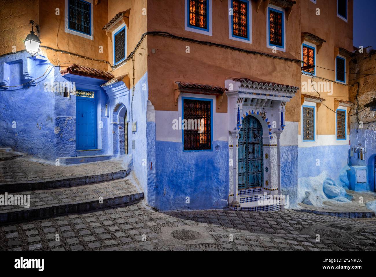 Chefchaouen by night. Beautiful Moroccan architecture. Blue city house ...