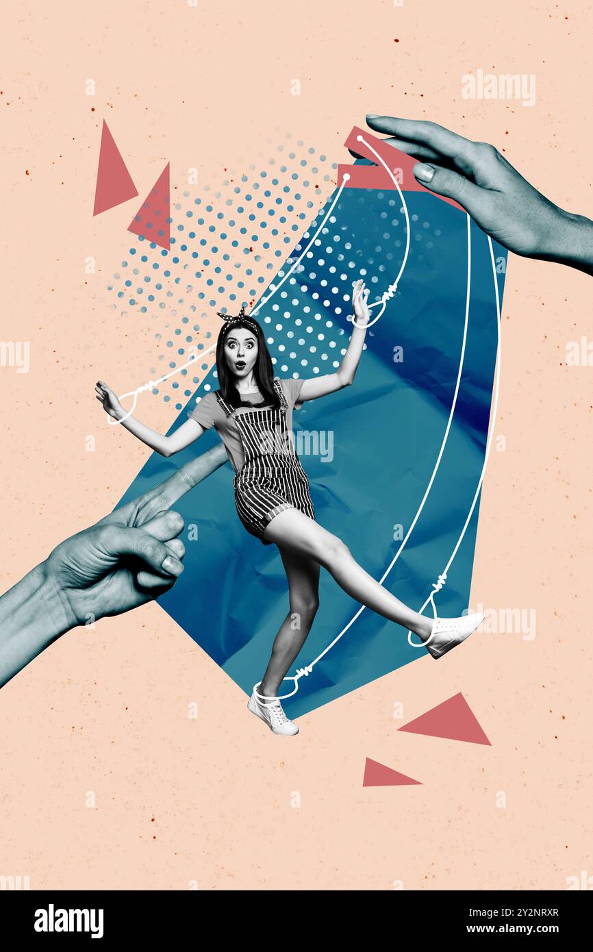 Vertical photo collage of astonished girl tied rope marionette control ...