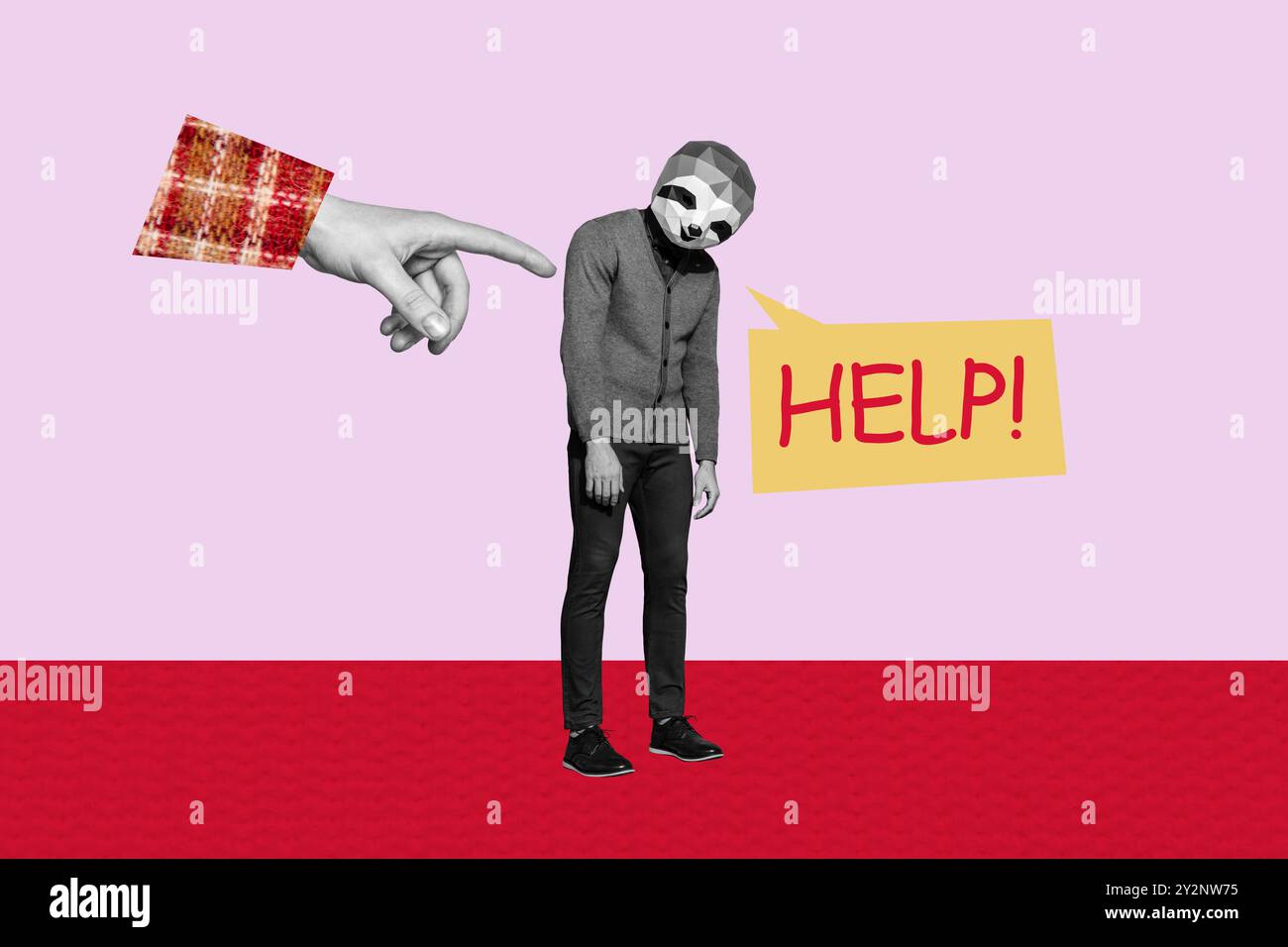 Composite collage image of upset anonym man wear mask hand blame point ...