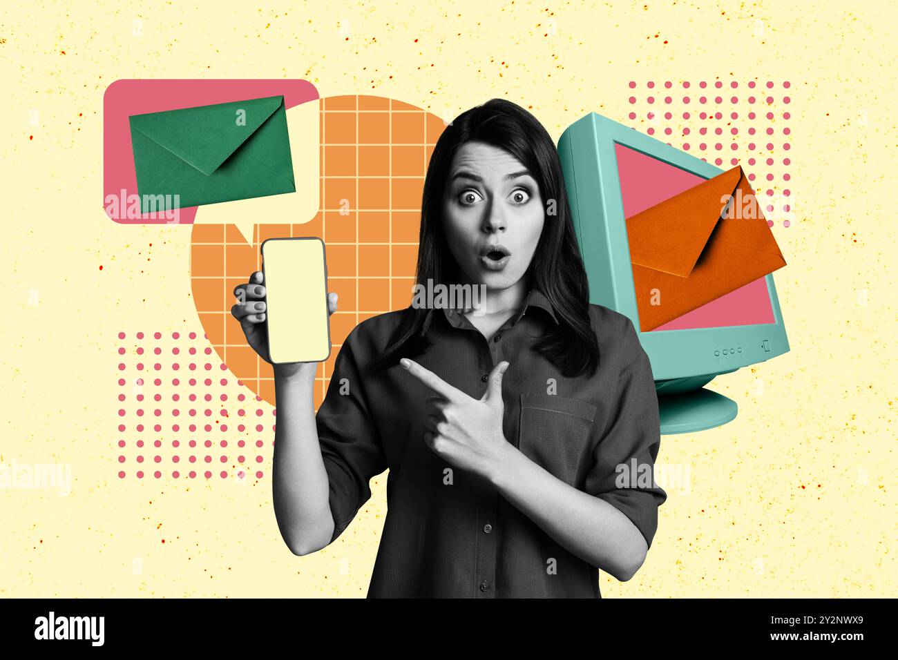 Creative abstract template collage of amazed female device letters ...