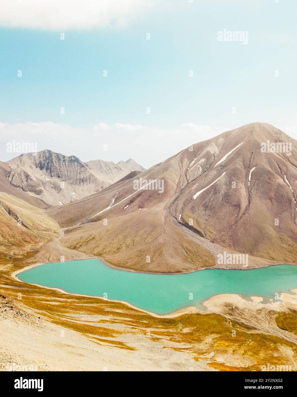 Aerial panoramic view Kelitsadi lake panorama. Keli volcanic plateau ...