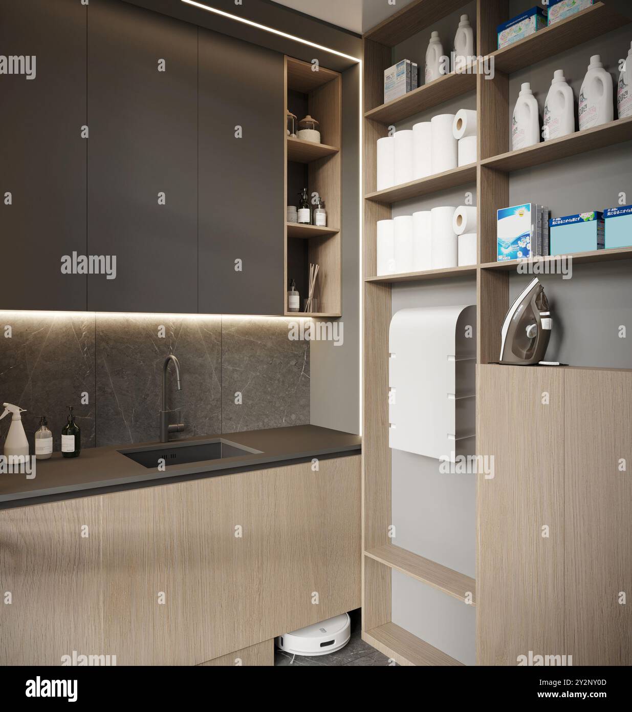 visualization of a laundry in modern house with big window, washing and ...