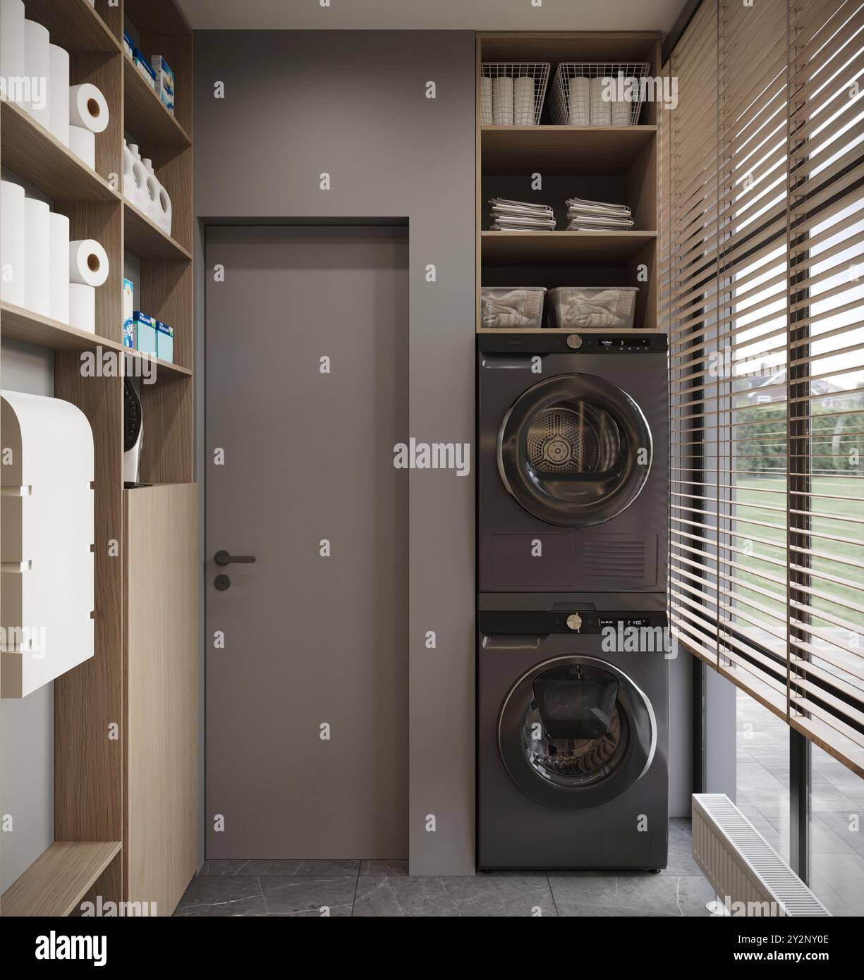 visualization of a laundry in modern house with big window, washing and ...