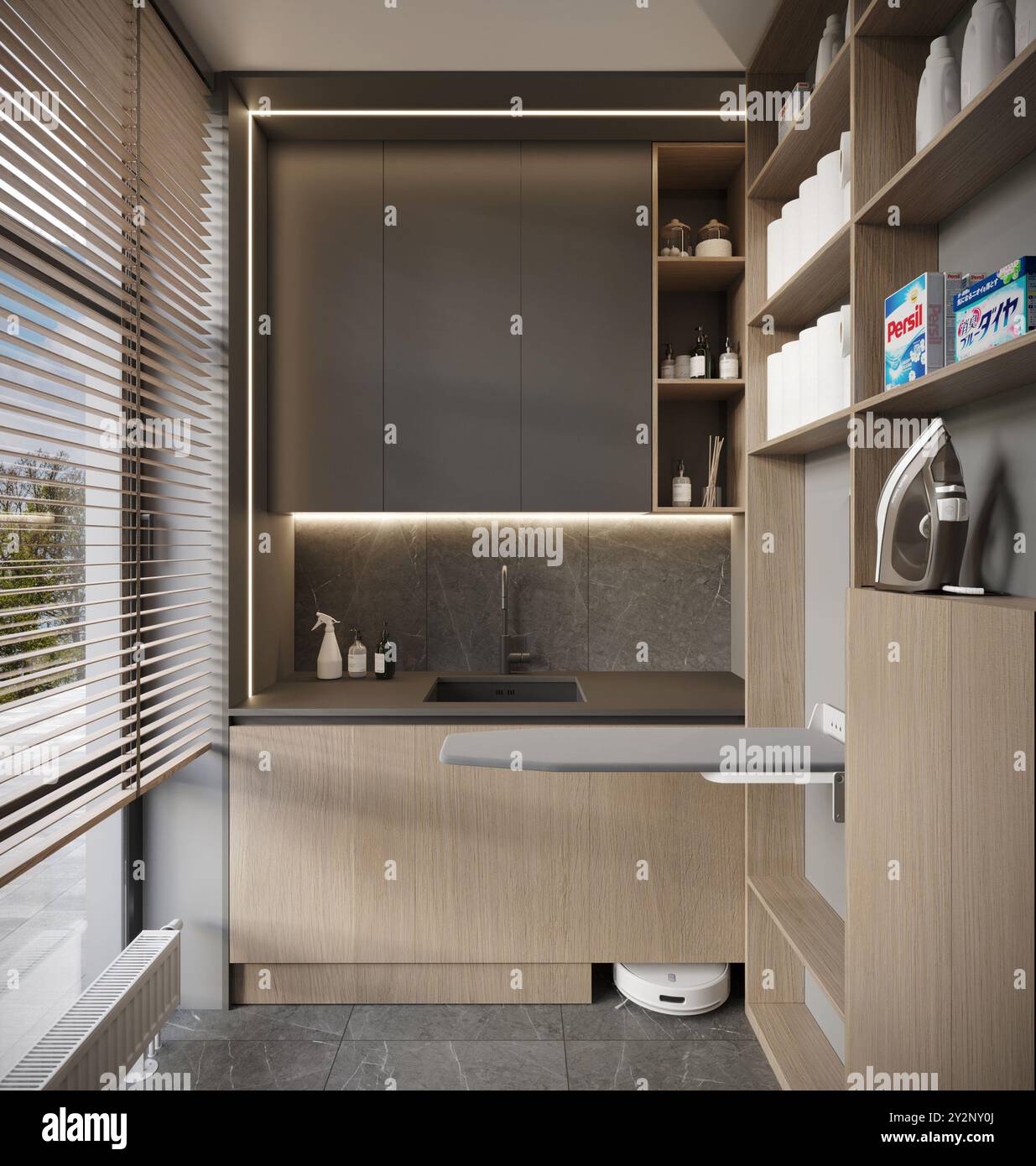 visualization of a laundry in modern house with big window, washing and ...