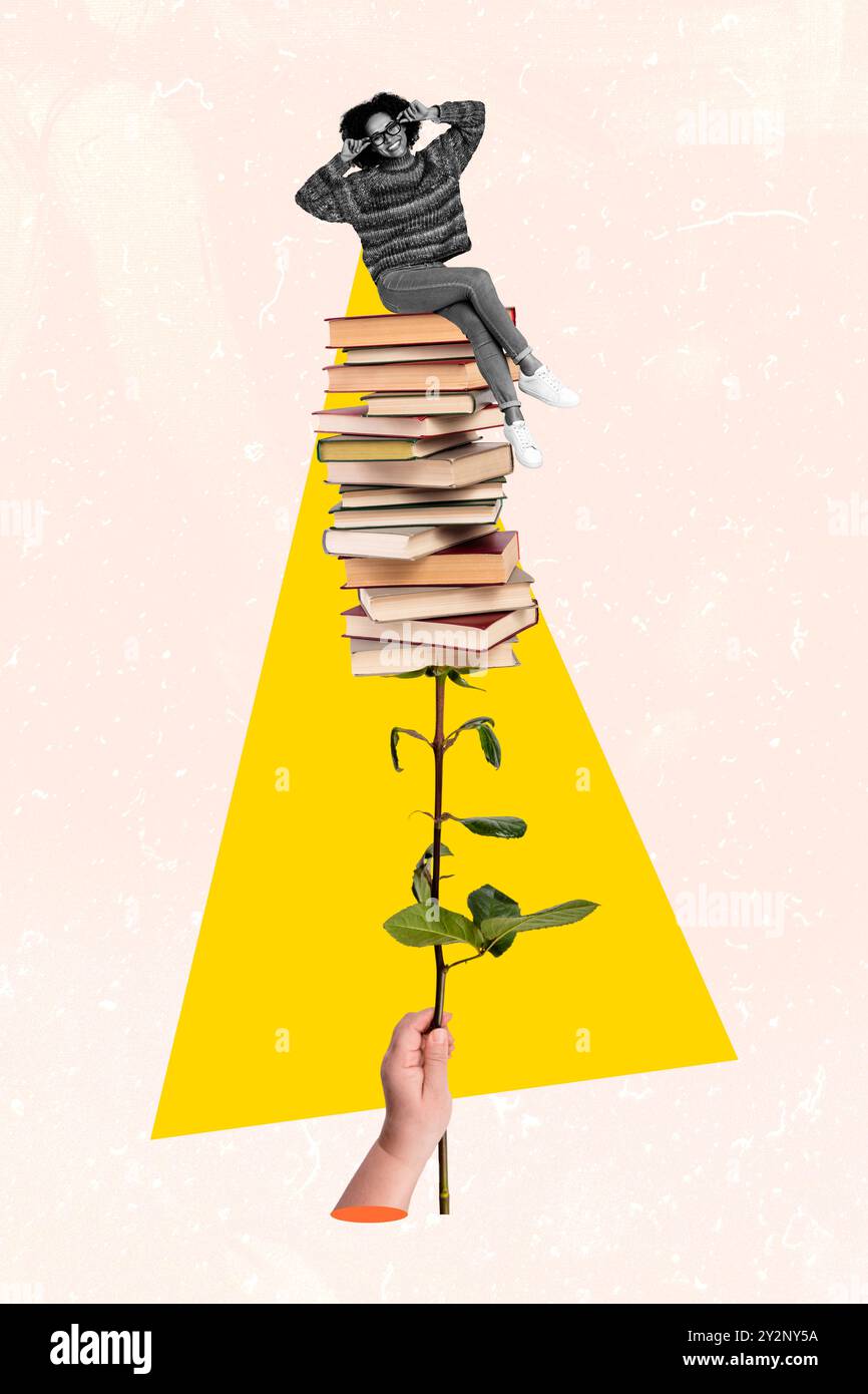 Vertical photo collage of happy american girl sit book stack flower ...