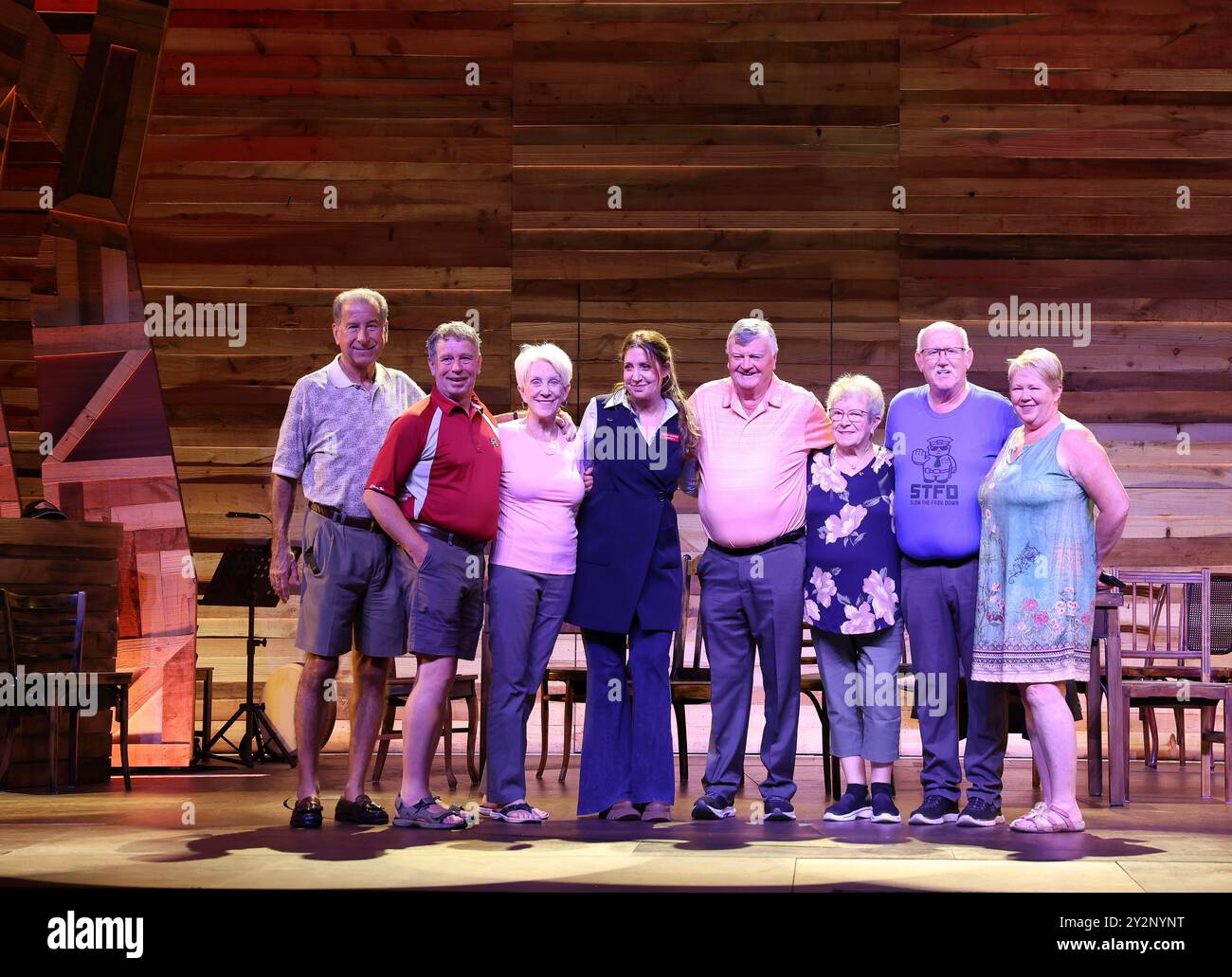 The crew of the musical 'Come from away' poses for the media at the ...