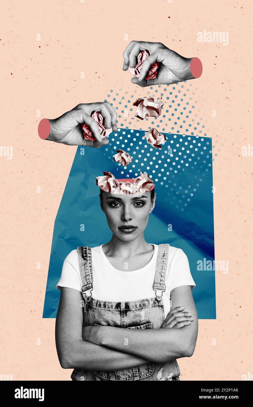 Sketch collage image of young woman absorb fake news lie false info ...