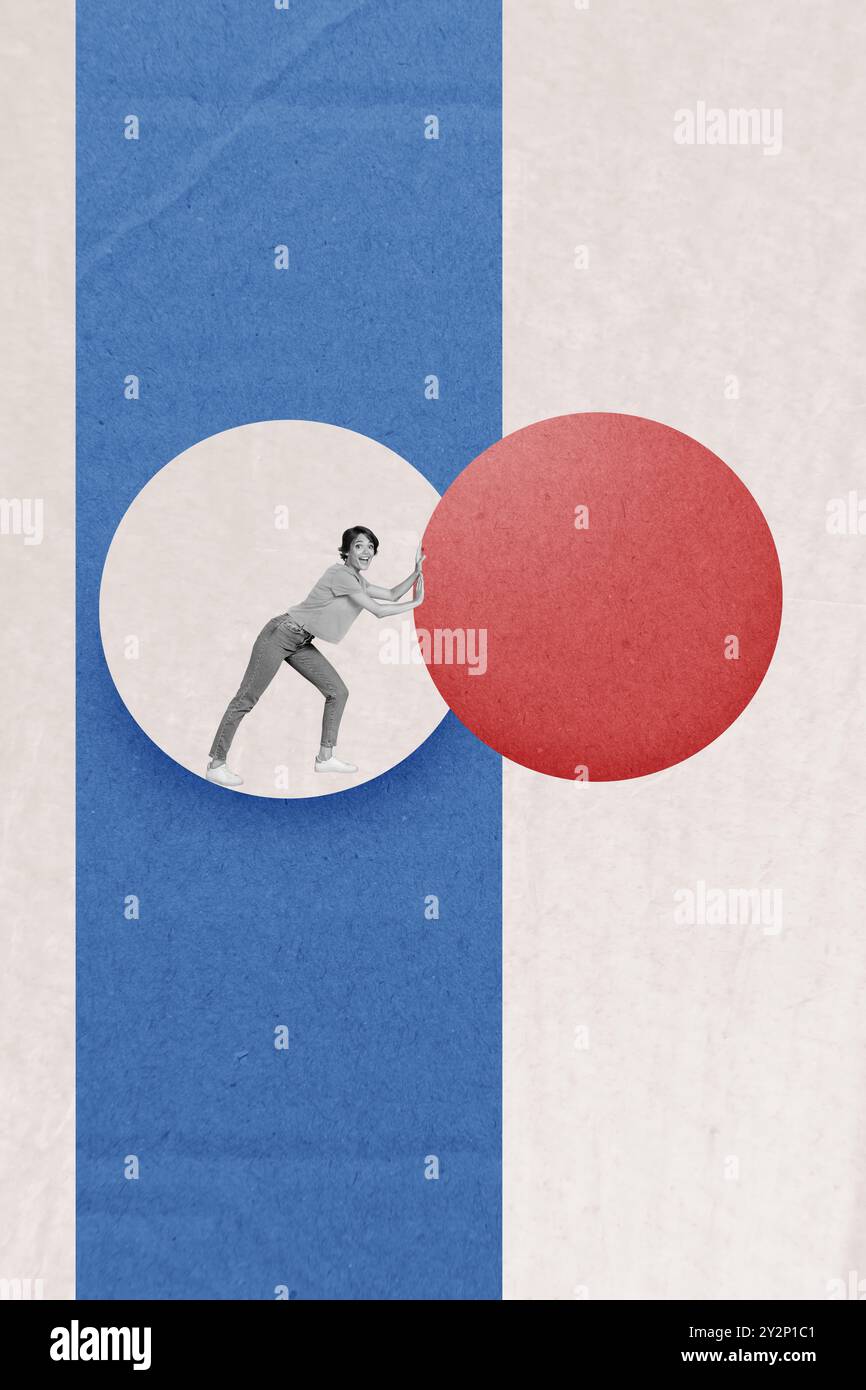 Collage image artwork of cheerful happy woman push heavy hard object ...