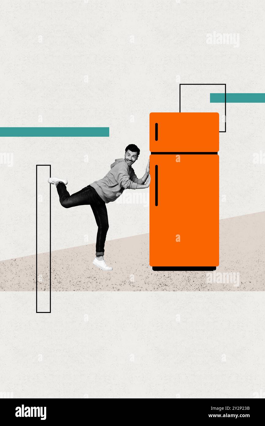 Vertical collage picture young man joyful cheerful mood fridge kitchen ...