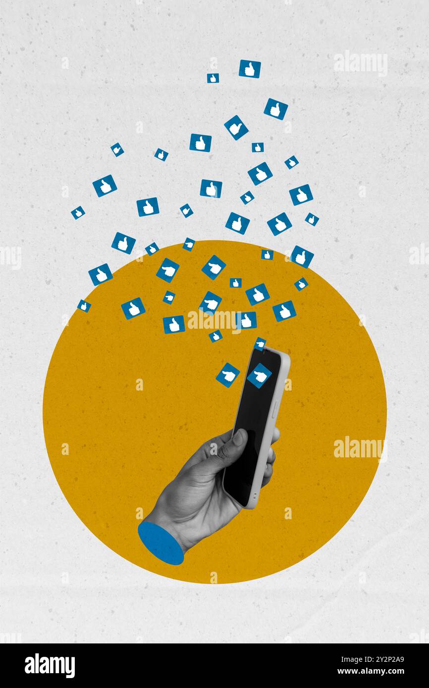 Creative illustration collage of hand holding mobile phone click like ...