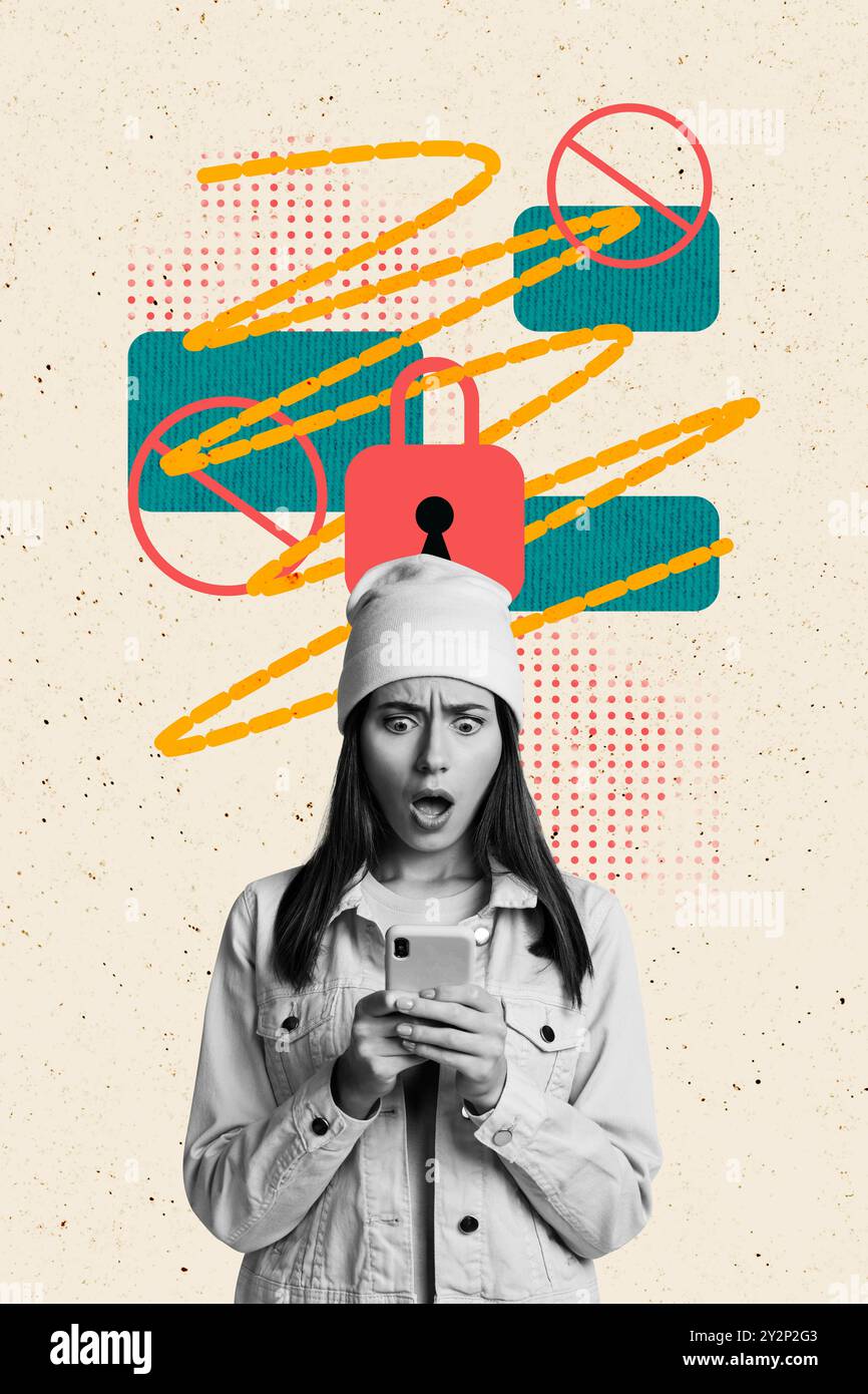 Poster image collage of afraid scared woman panic shock wrong password ...