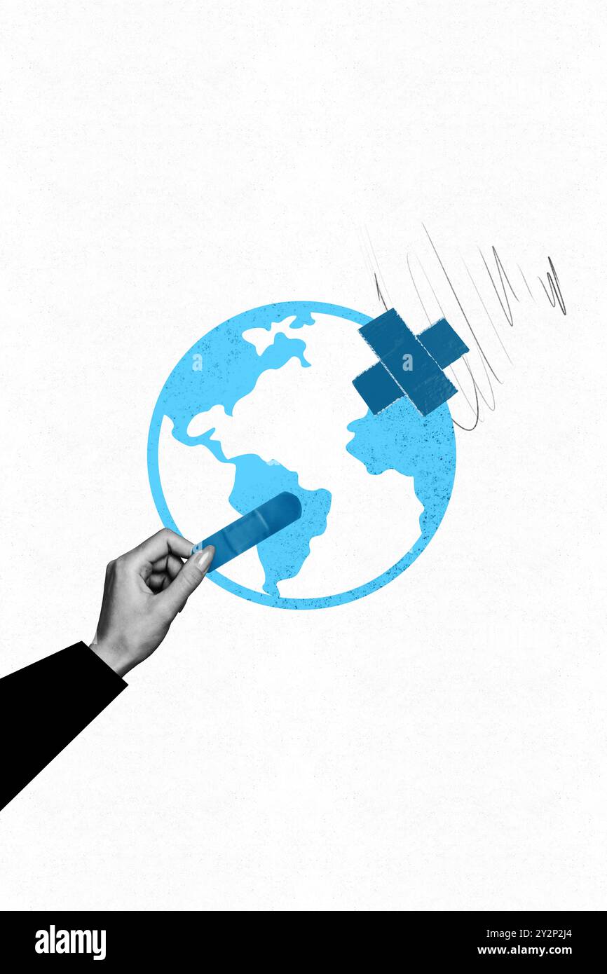 Vertical collage human hand body fragment planet earth globe world ...