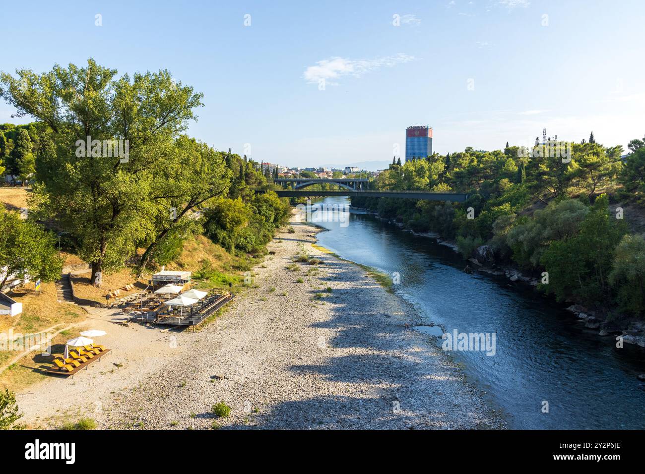 The Morača river flowing through Podgorica city centre in Montenegro in ...