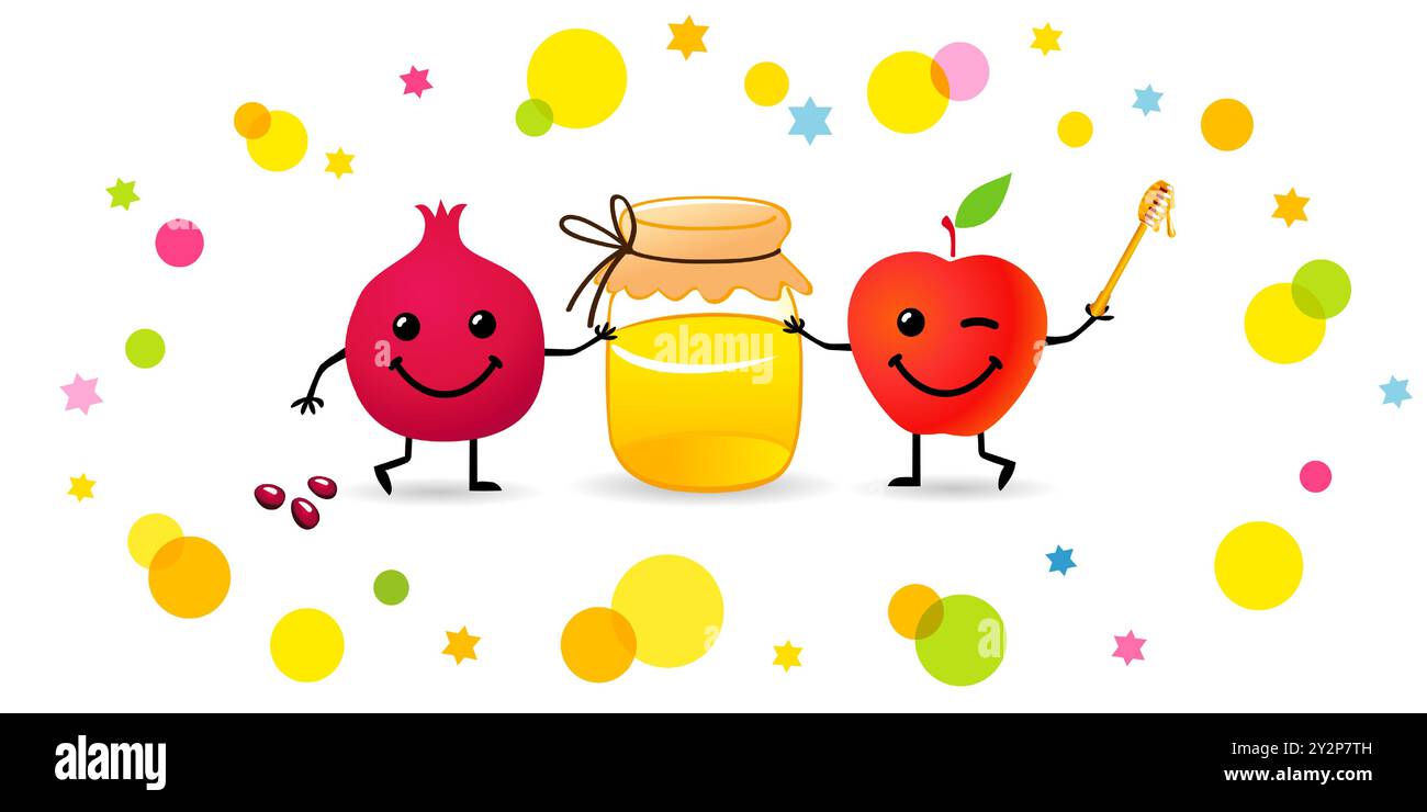 Funny pomegranate, apple emoji and honey, Shana Tovah creative icons ...