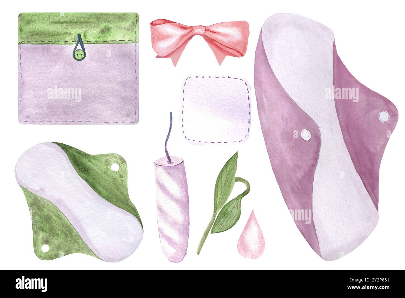 Reusable period pads, tampon, case, ribbon watercolor set isolated on ...