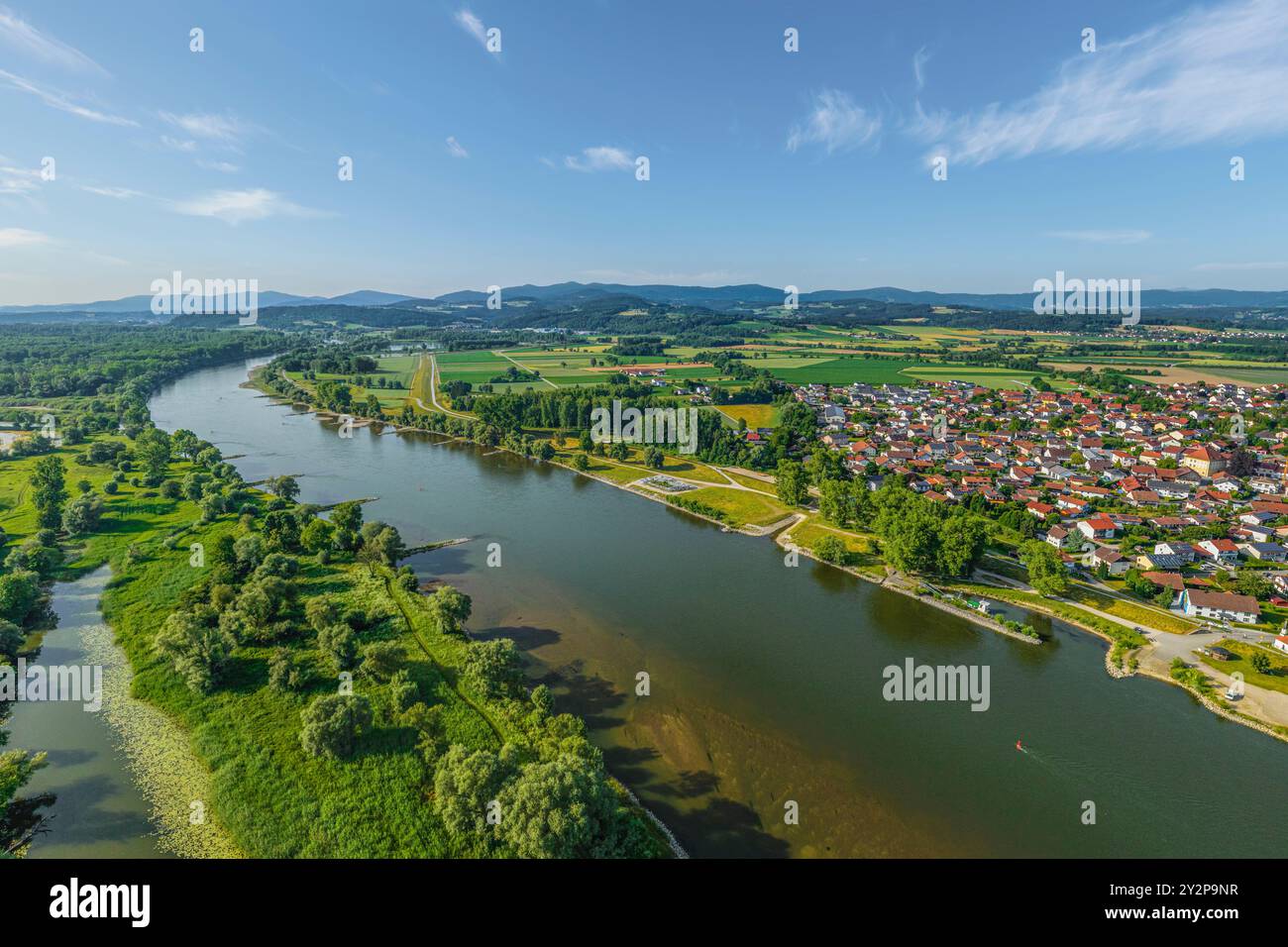 Aerial view of the Danube valley around Niederalteich and Thundorf in ...