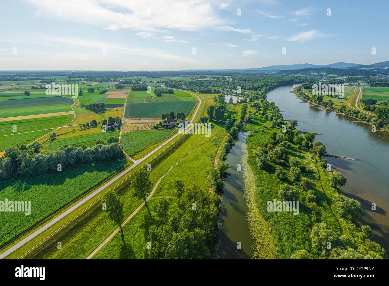 Aerial view of the Danube valley around Niederalteich and Thundorf in ...