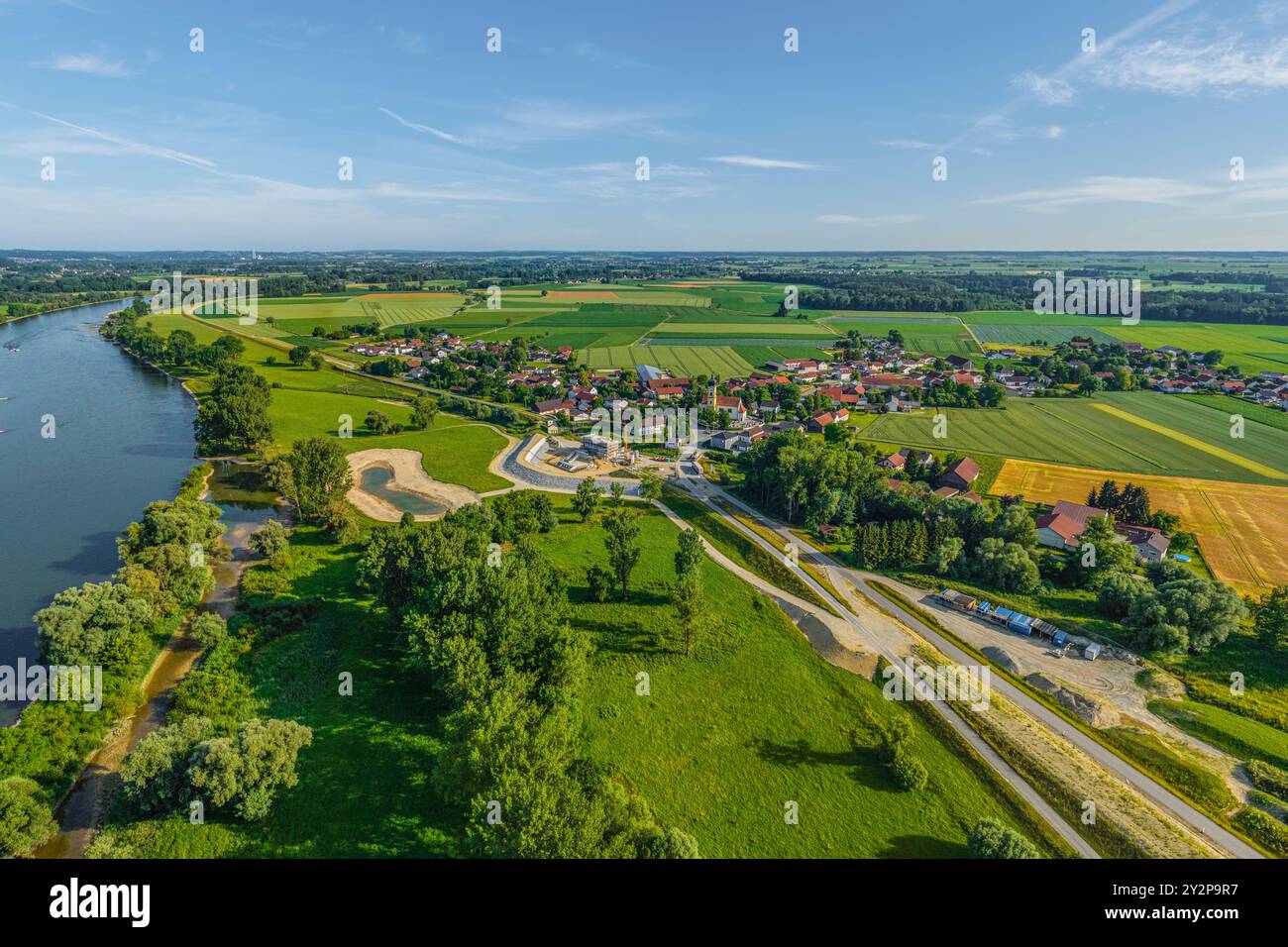 Aerial view of the Danube valley around Niederalteich and Thundorf in ...