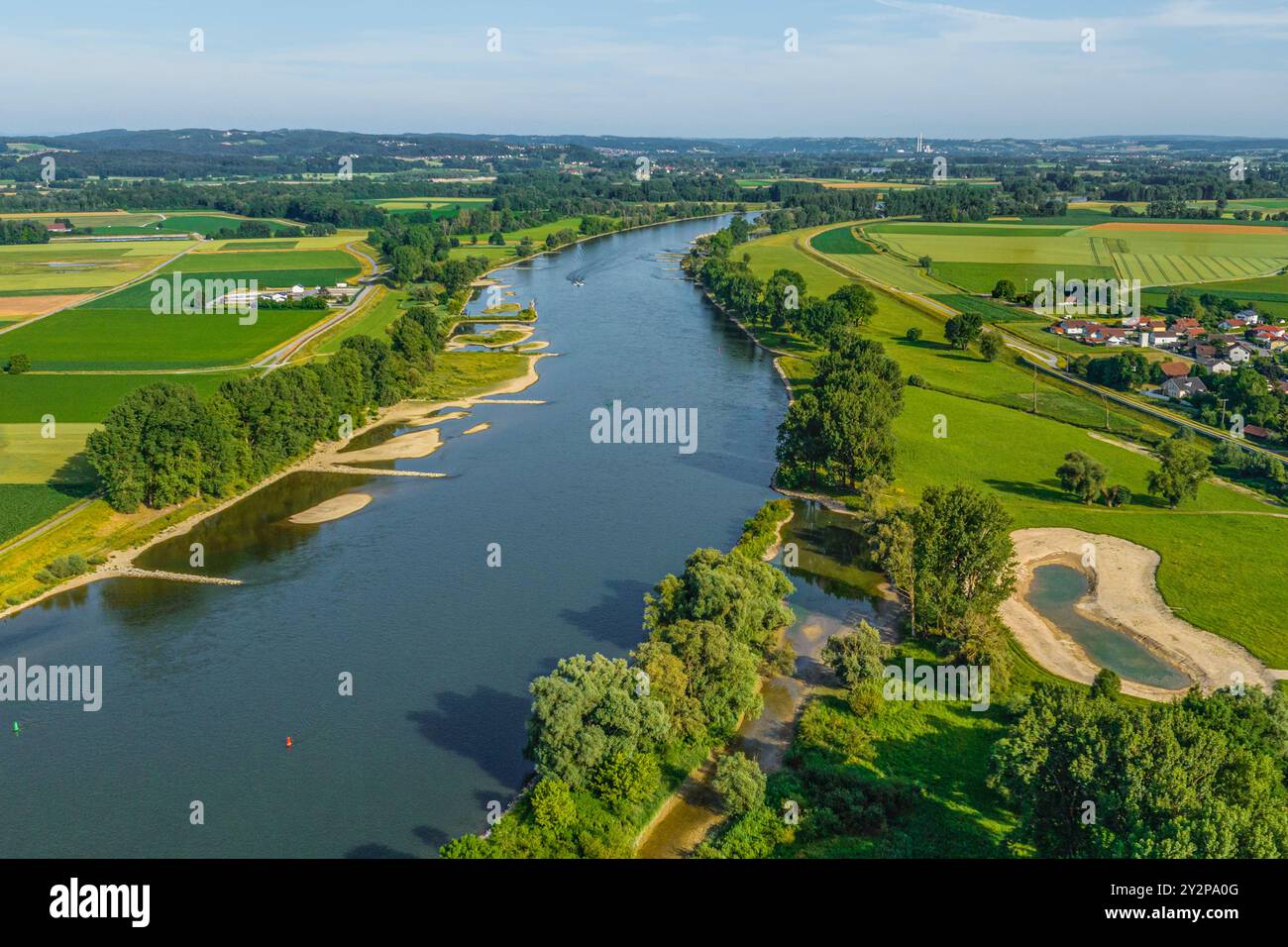 Aerial view of the Danube valley around Niederalteich and Thundorf in ...