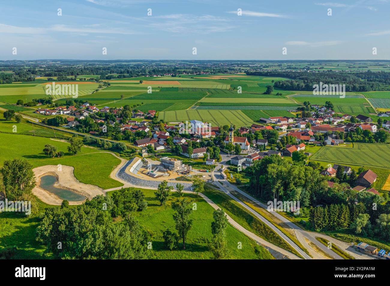 Aerial view of the Danube valley around Niederalteich and Thundorf in ...