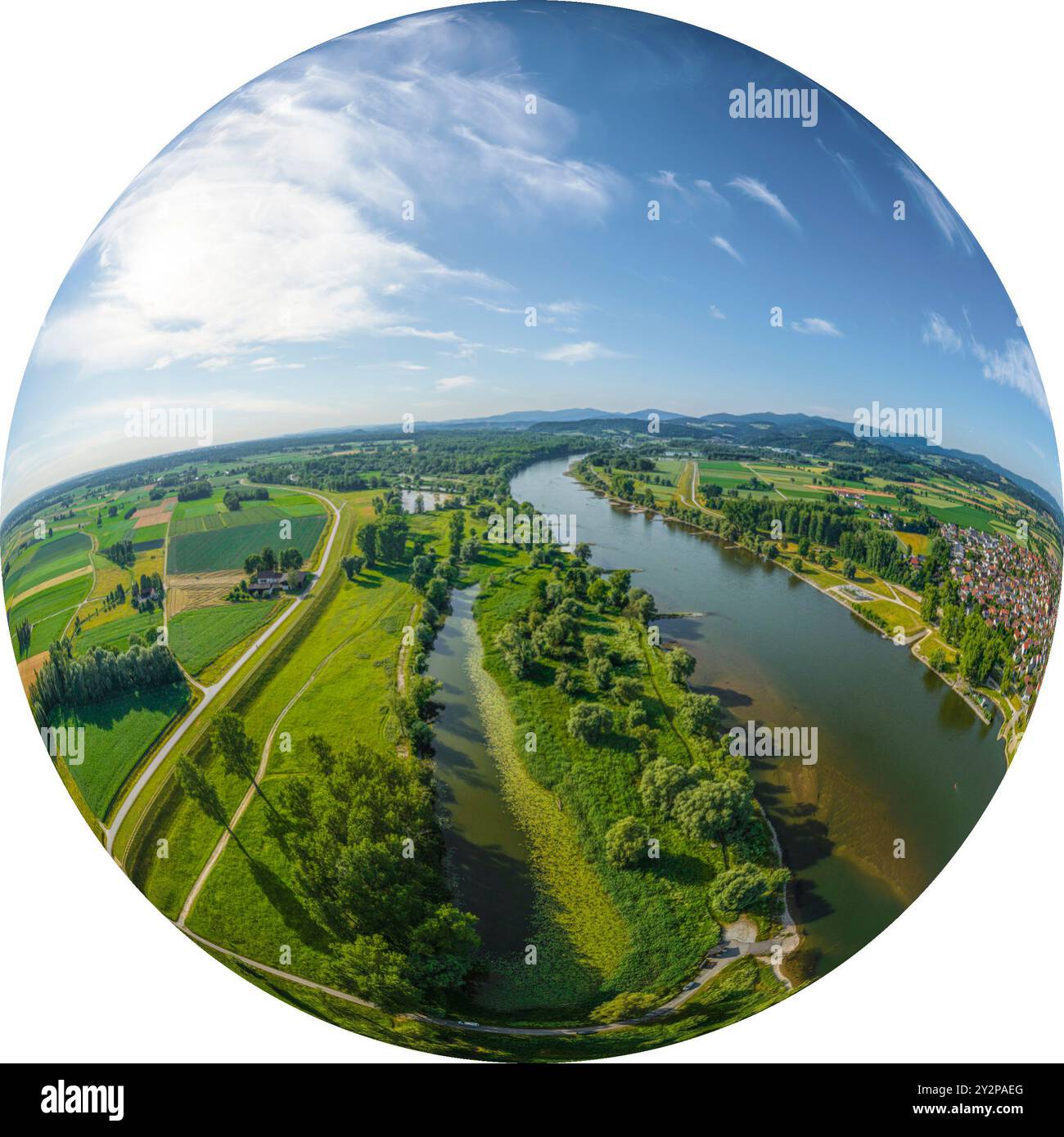 Aerial view of the Danube valley around Niederalteich and Thundorf in ...