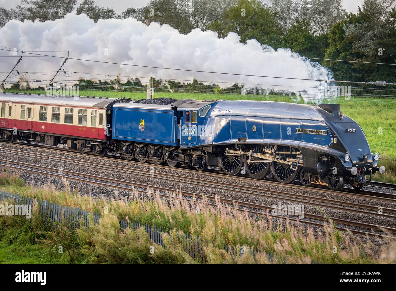 Heritage restored A4 Pacific steam locomotive Sir Nigel Gresley hauling ...
