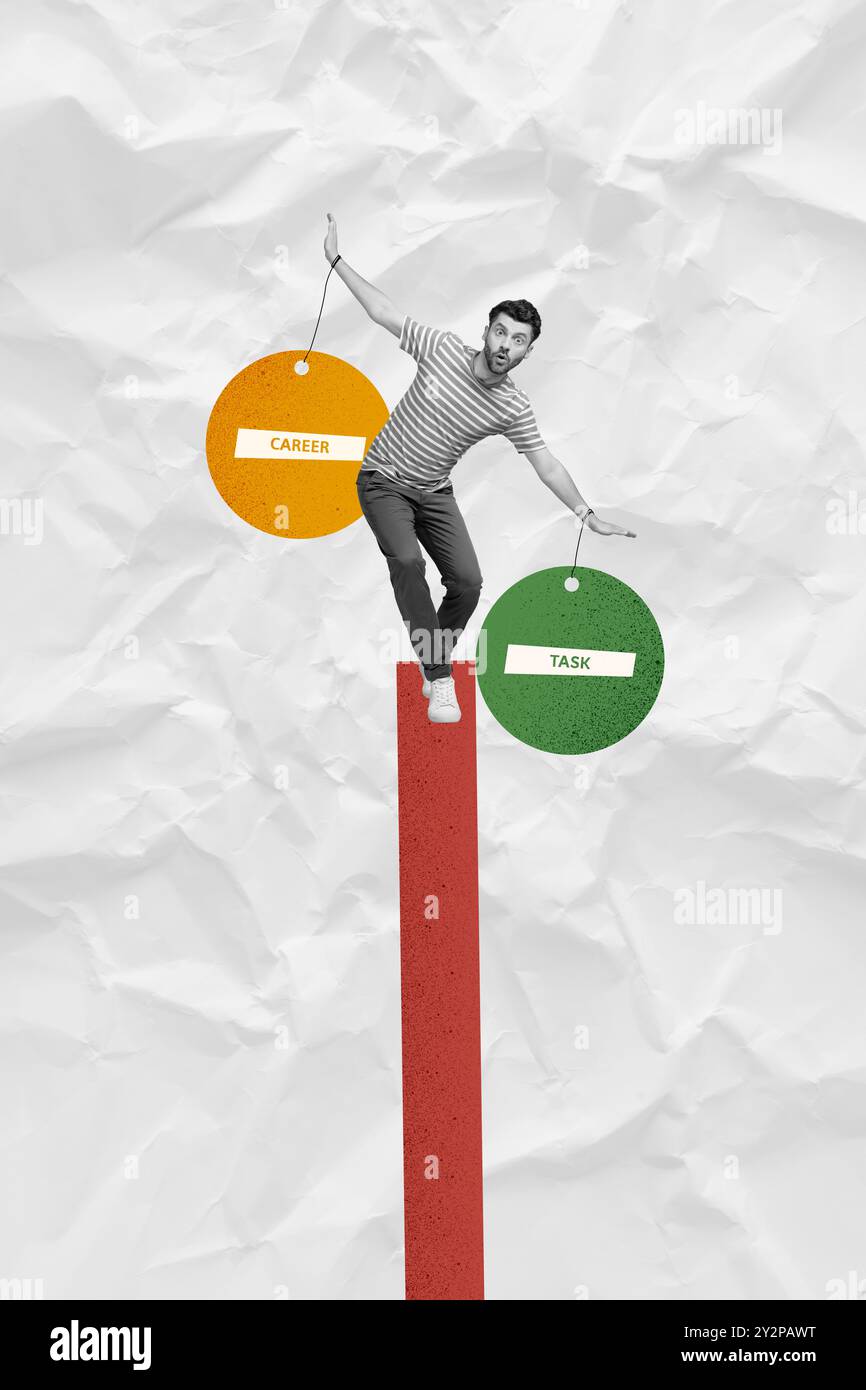 Vertical creative composite photo collage of careful focused guy trying ...