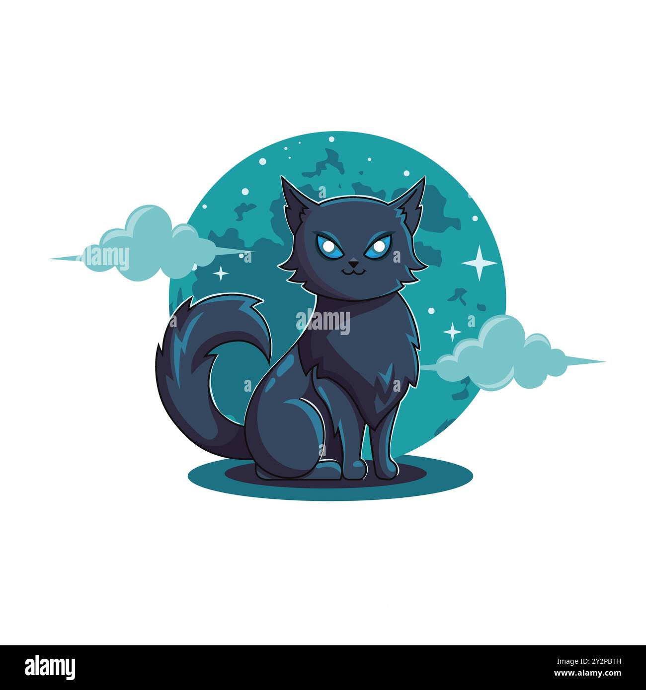 cat moon night sky vector illustration, black cat and moon happy ...