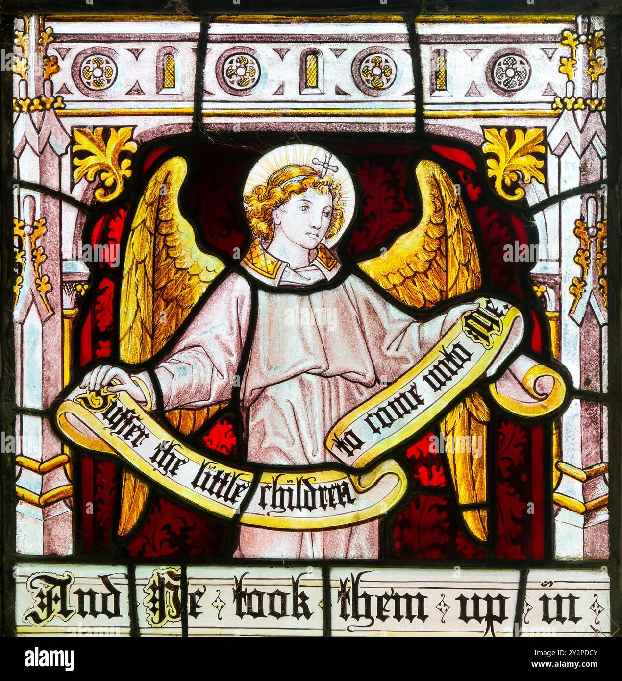 Detail of angel on stained glass window 'Suffer the Little Children' by ...