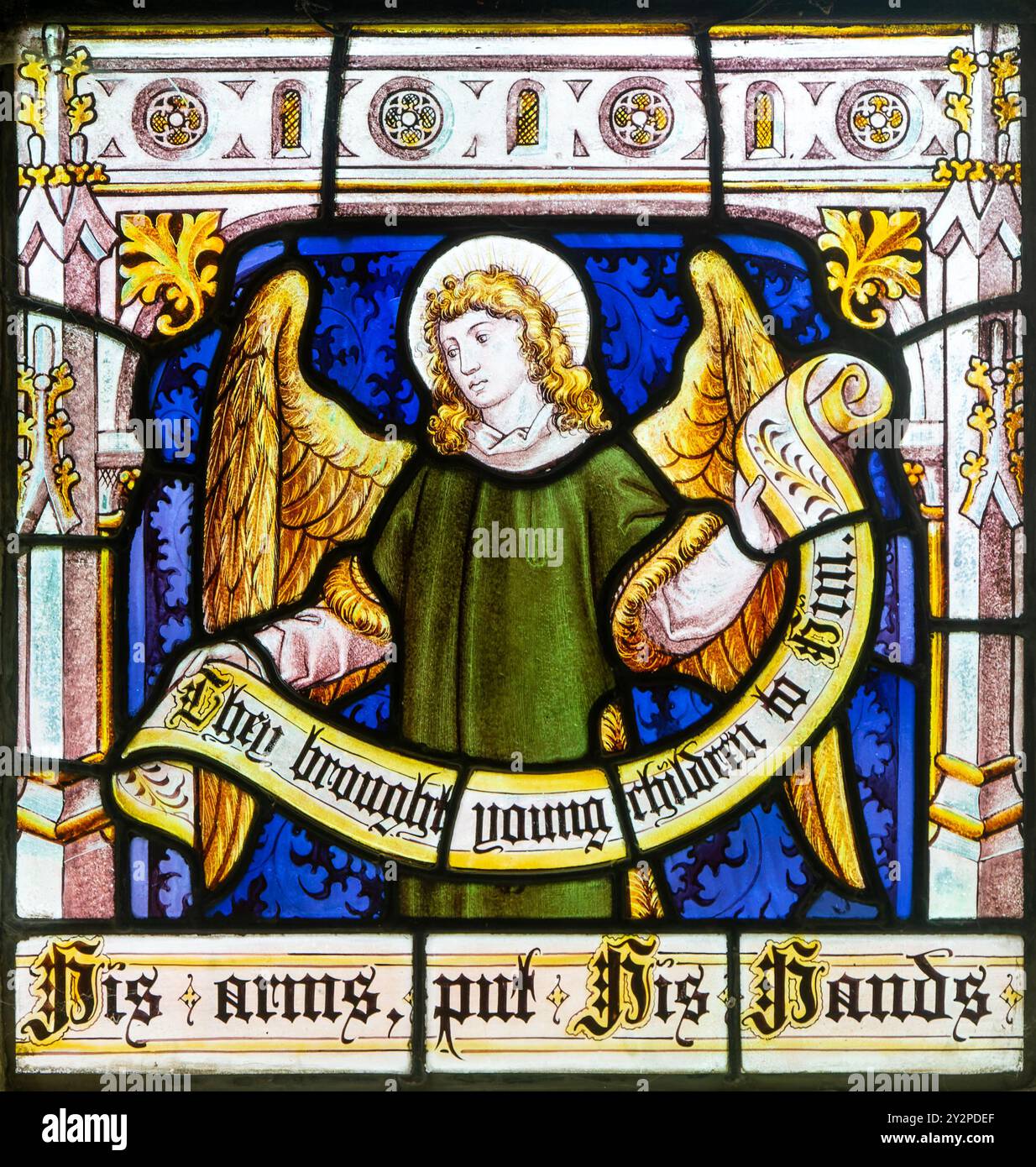 Detail of angel on stained glass window 'Suffer the Little Children' by ...