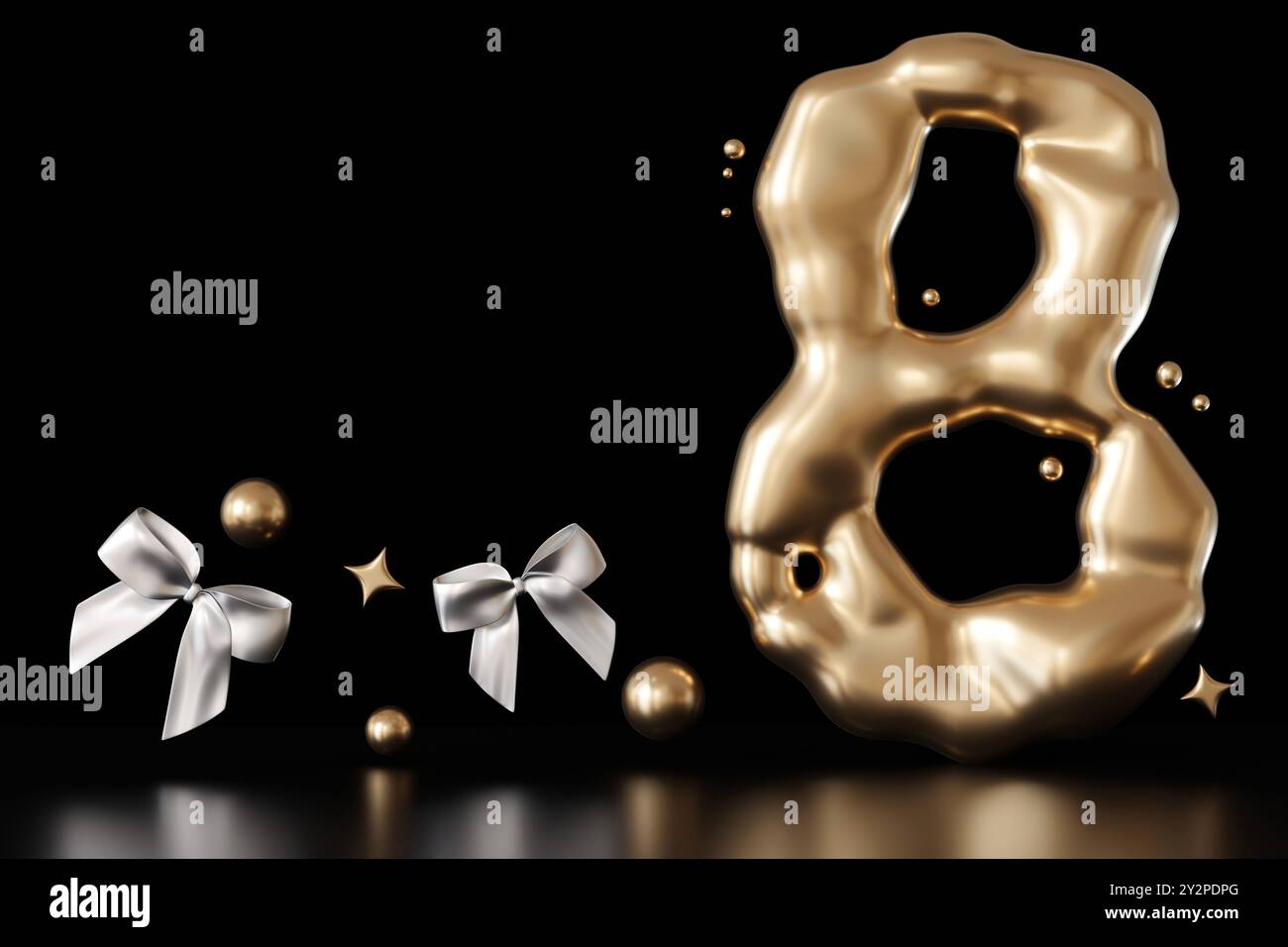 Golden liquid number 8 with bows and stars on black background. Elegant ...
