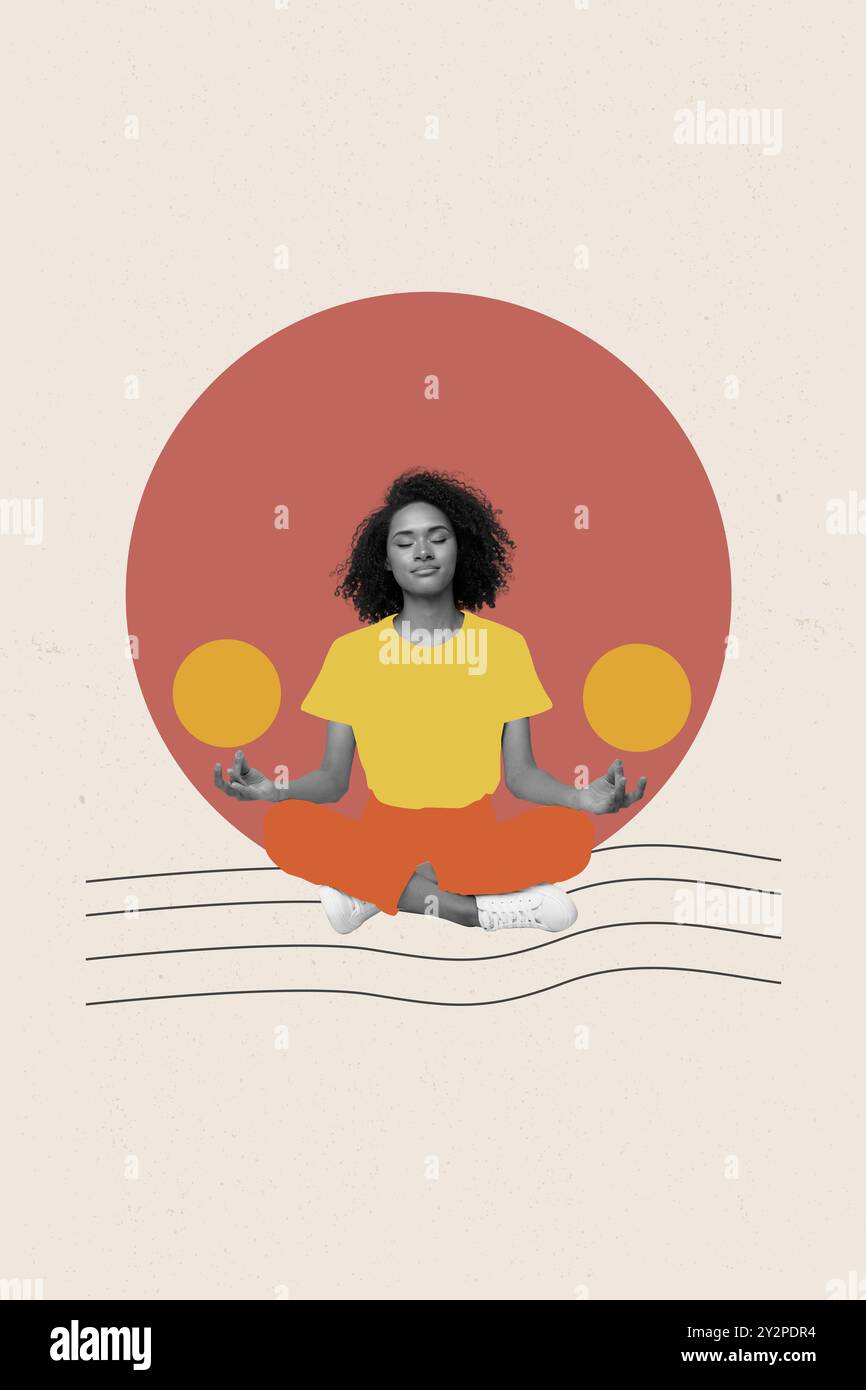 Vertical poster collage young girl sit meditate closed eyes ...