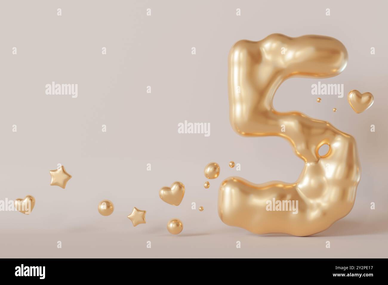 Golden liquid number 5 with hearts and stars on beige background ...
