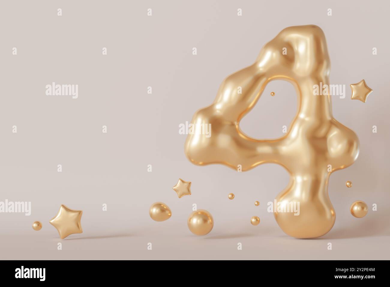 Golden liquid number 4 with droplets and stars on beige background ...