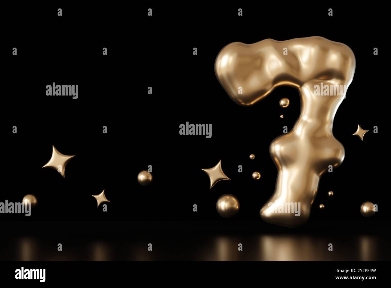 Golden liquid number 7 with droplets and stars on black background ...