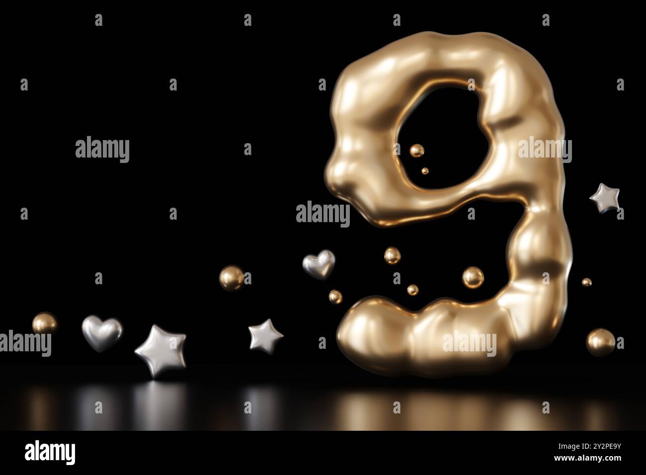 Golden liquid number 9 with droplets and stars on black background ...