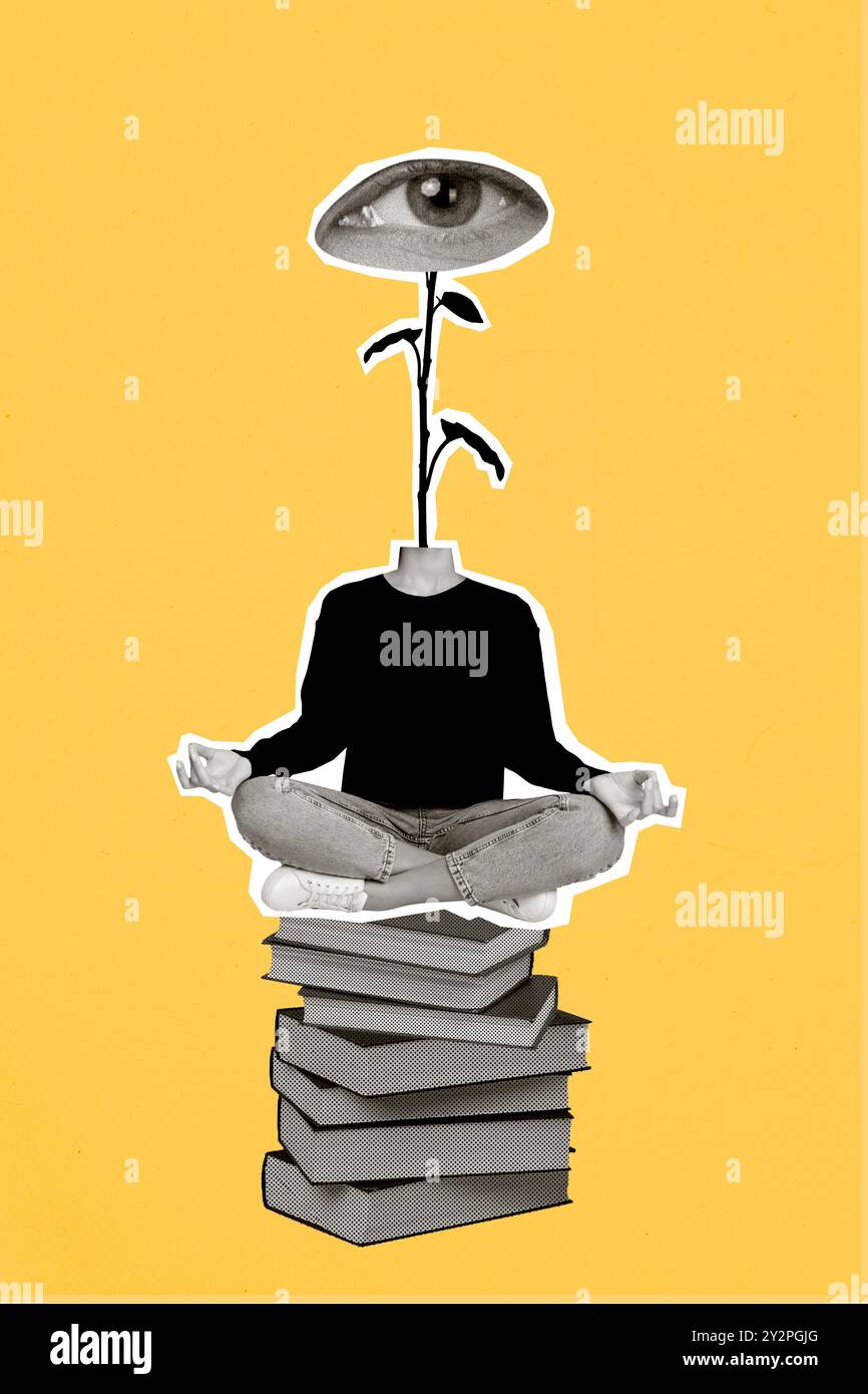 Vertical photo collage of anonym girl do yoga meditation spiritual ...