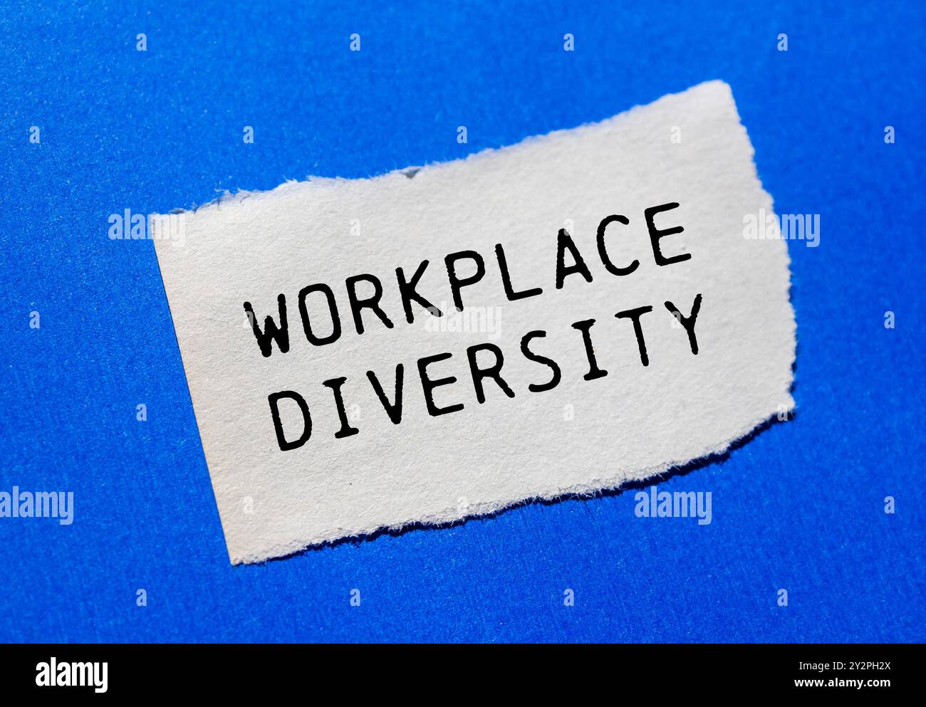 Workplace diversity message written on ripped torn paper piece on blue background. Conceptual ...