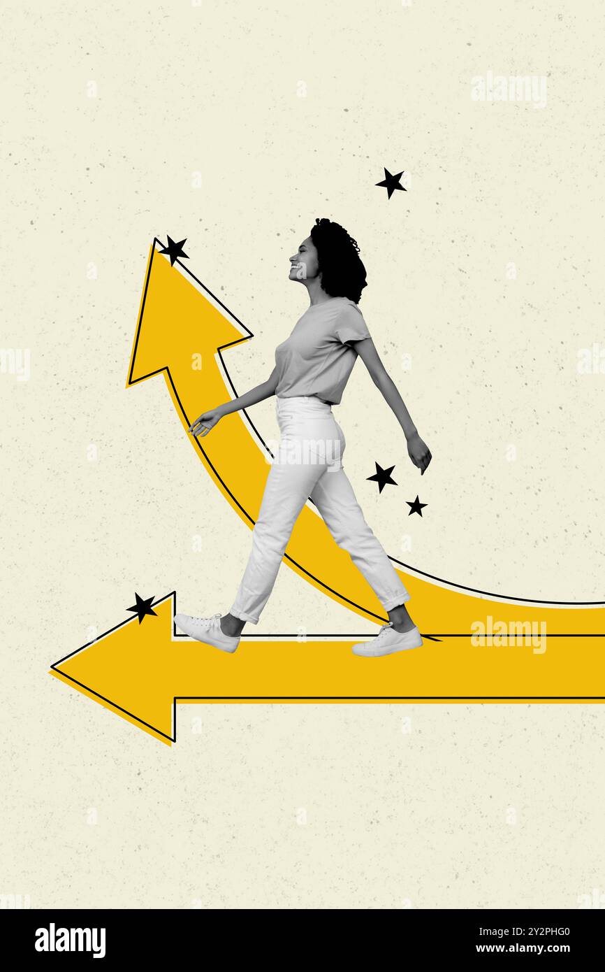 Vertical collage young persistent woman walk achieve goal aim target ...