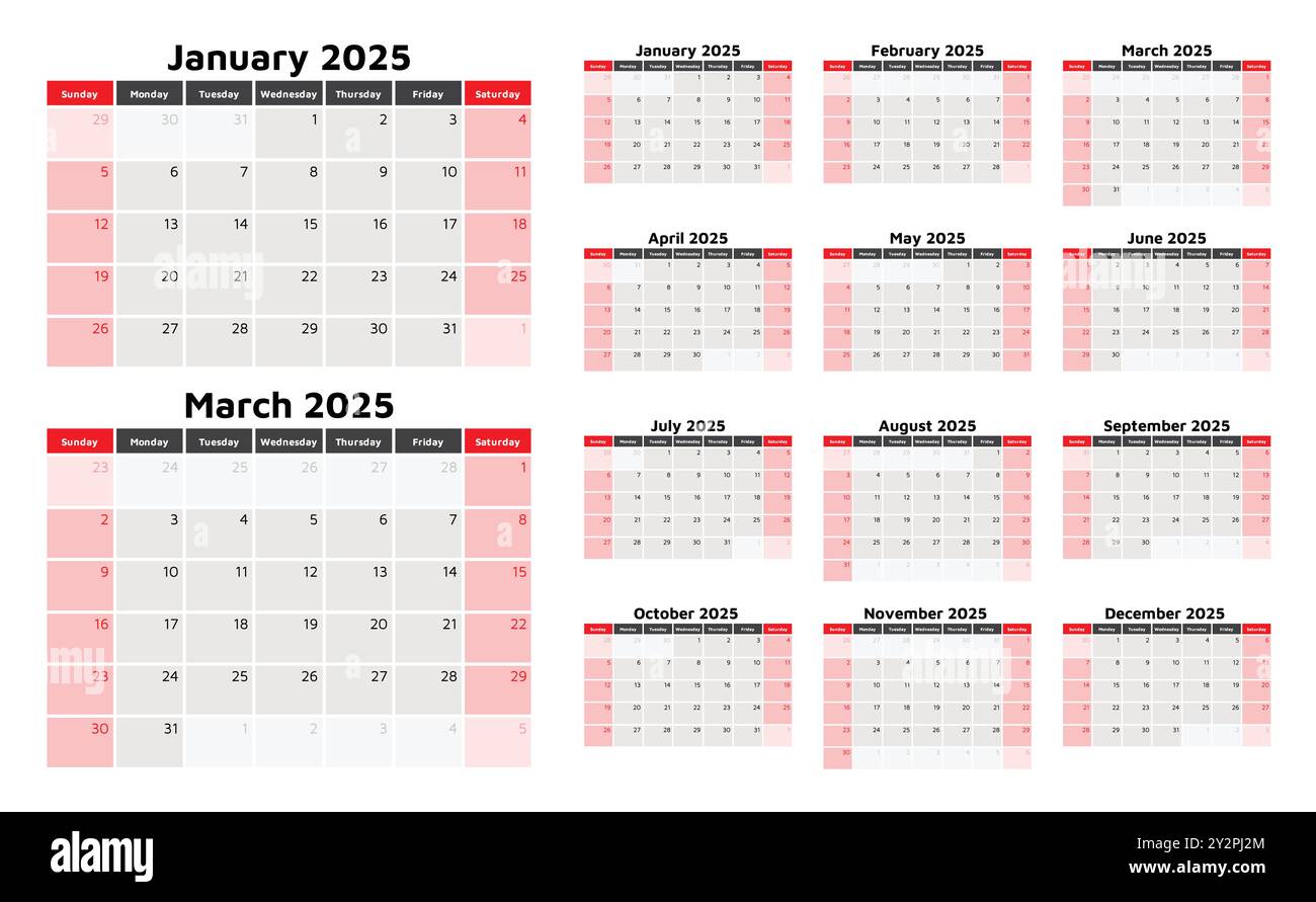 2025 calendar. A vector collection of English monthly calendars. Design ...