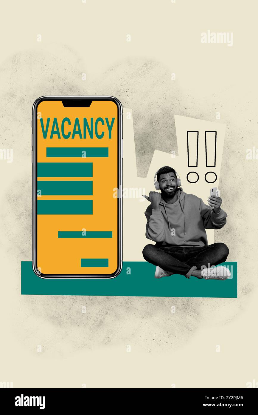 Vertical collage picture young man find job vacancy smartphone app ...