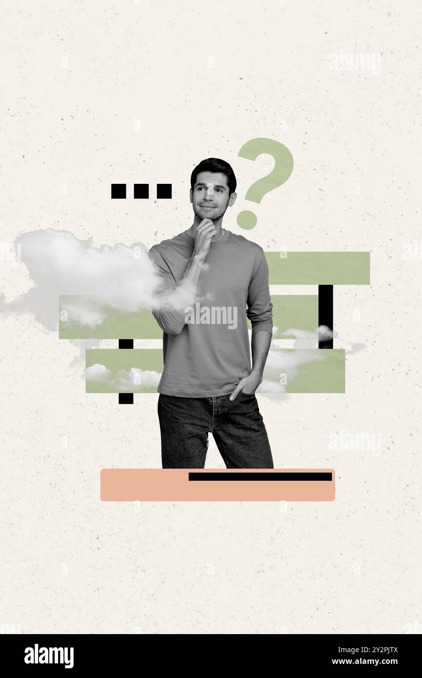 Vertical photo collage of happy man think business plan question mark ...