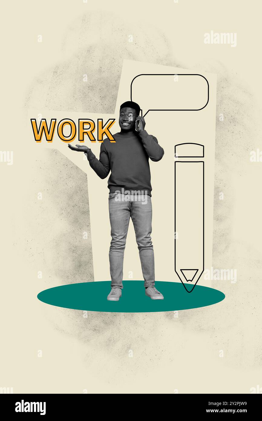 Vertical poster collage young man work telephone call textbox message ...