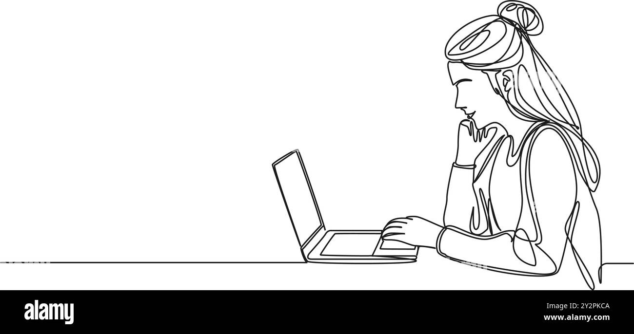 continuous single line drawing of female student using laptop computer ...