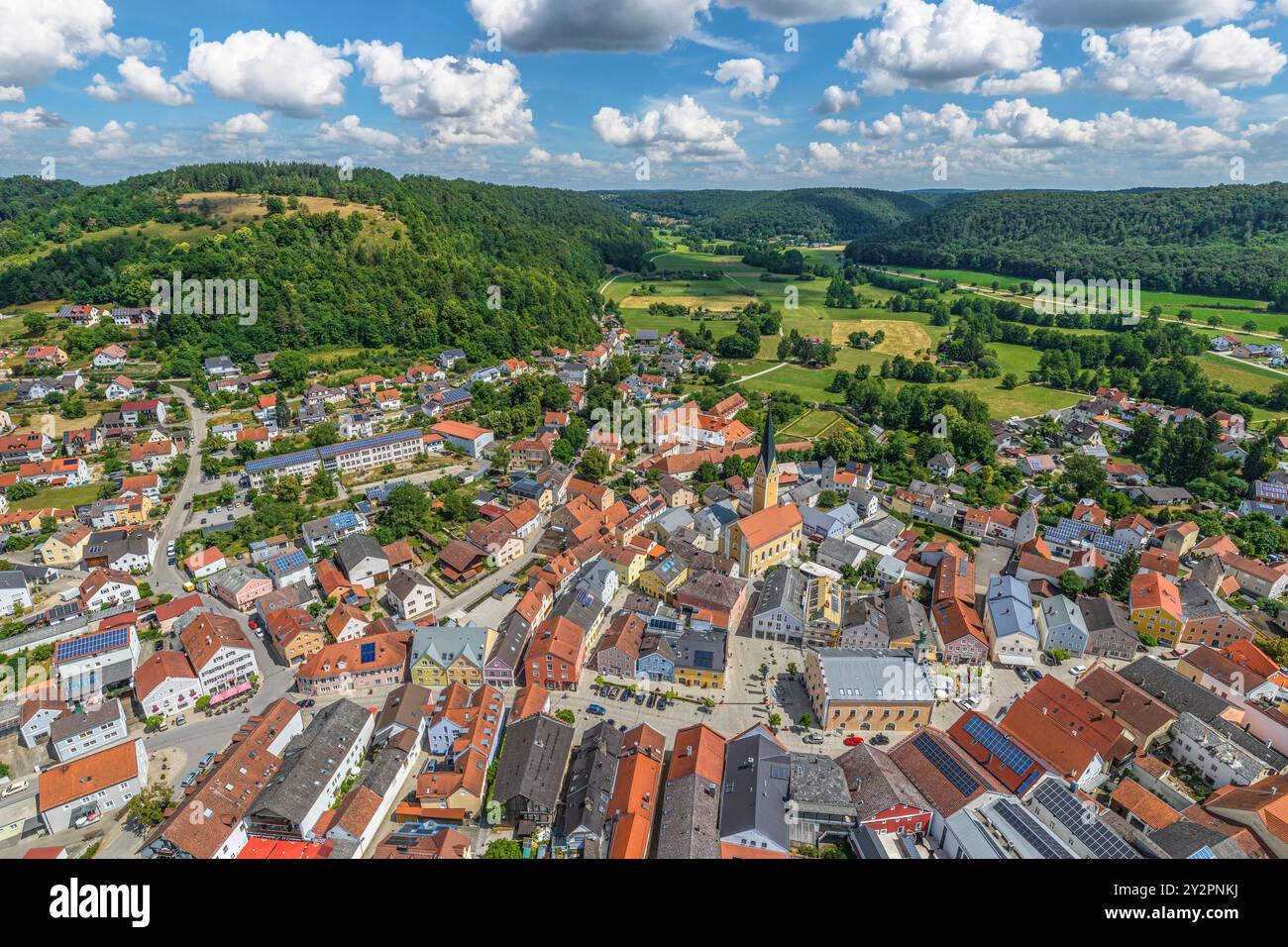 Aerial view to the little town of Dietfurt in the Nature Park Altmuehl ...