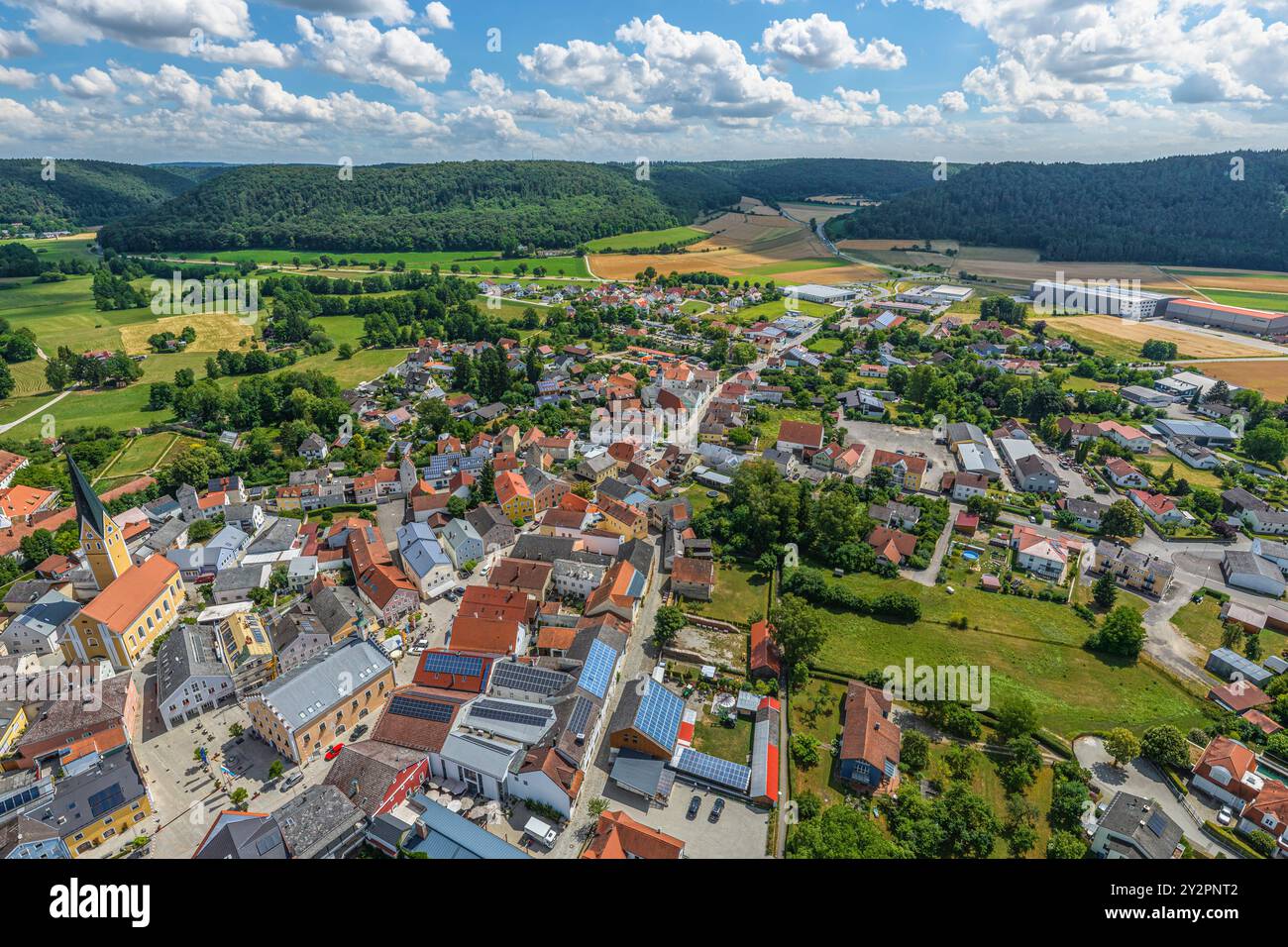 Aerial view to the little town of Dietfurt in the Nature Park Altmuehl ...
