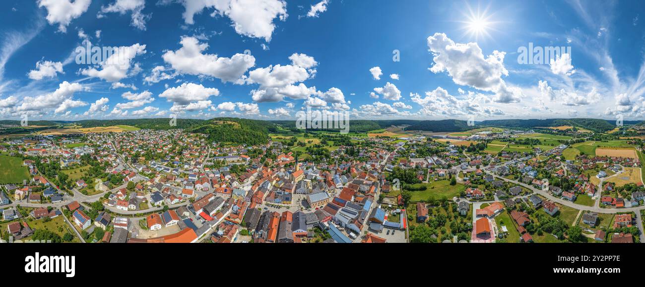 Aerial view to the little town of Dietfurt in the Nature Park Altmuehl ...