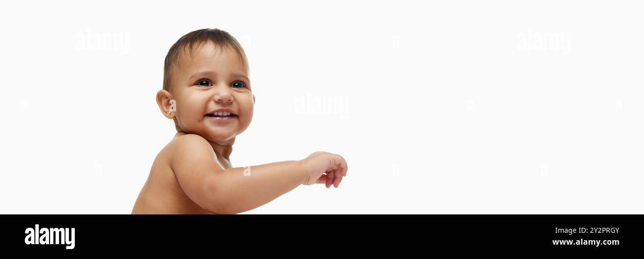 Happy cheerful little baby girl, child posing isolated on white studio ...