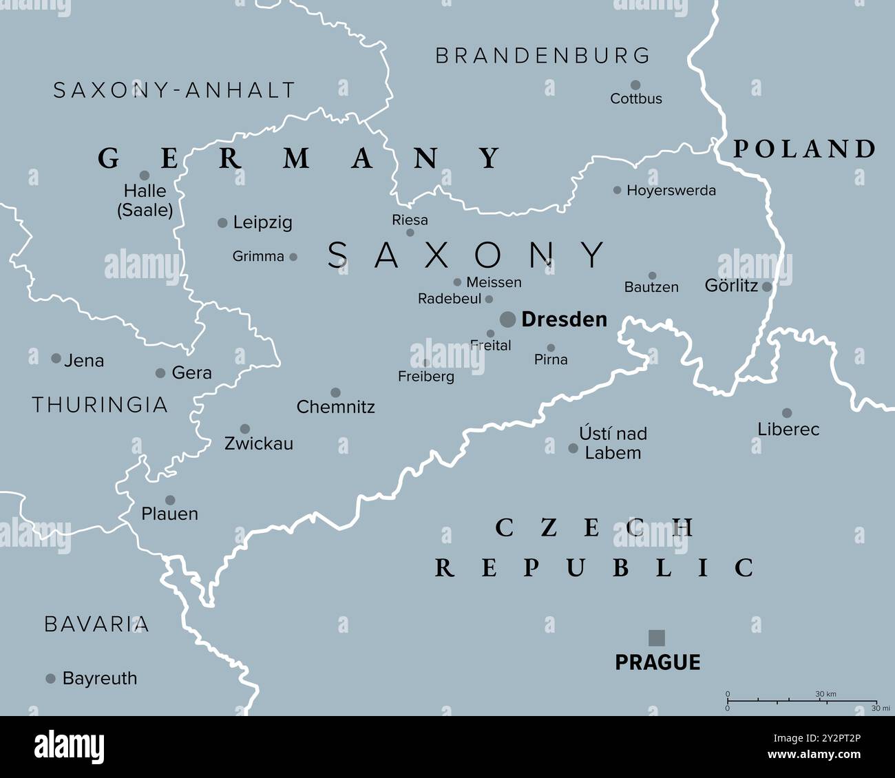 Saxony, a state in Germany, gray political map with capital Dresden ...